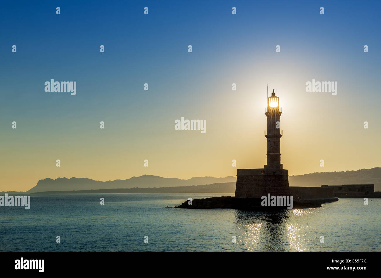 Chania lighthouse at sunrise, Chania, Crete, Greece Stock Photo - Alamy