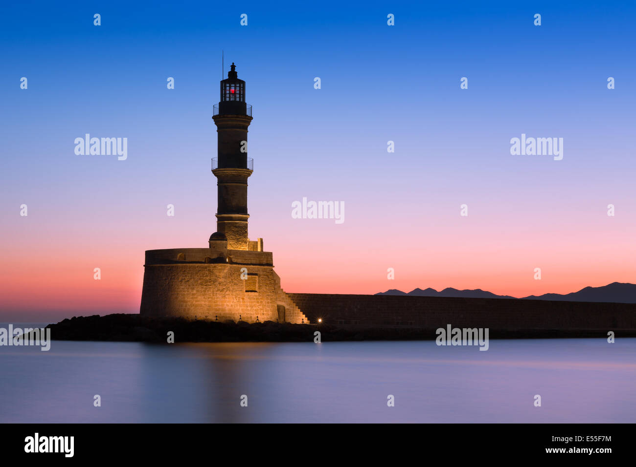 Chania lighthouse at sunrise, Chania, Crete, Greece Stock Photo - Alamy