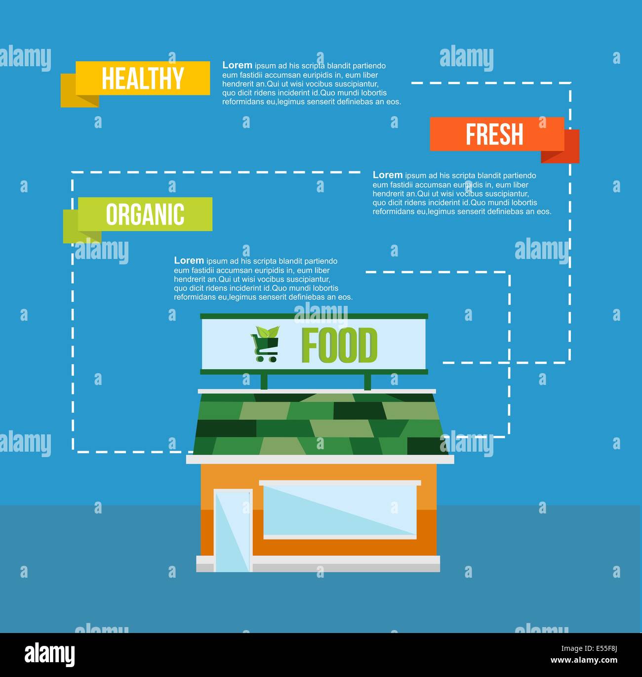 Organic and healthy food concept infographics with fresh market house ...
