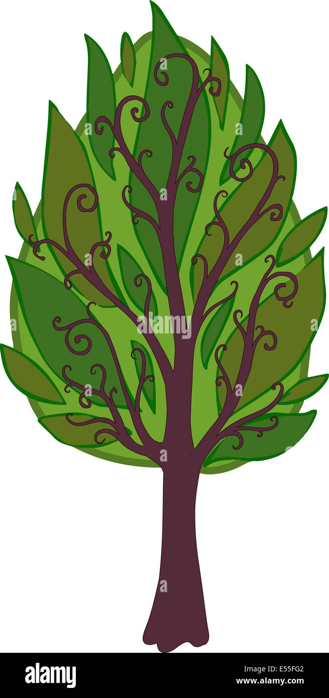 Illustration of a cartoon tree with light and dark green leaves, brown ...