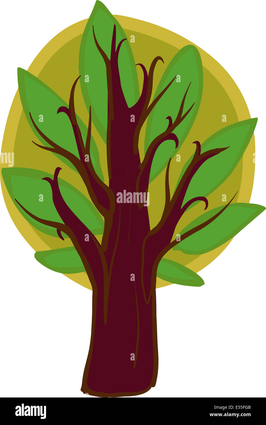 Illustration of a big cartoon tree with light and dark leaves, brown ...