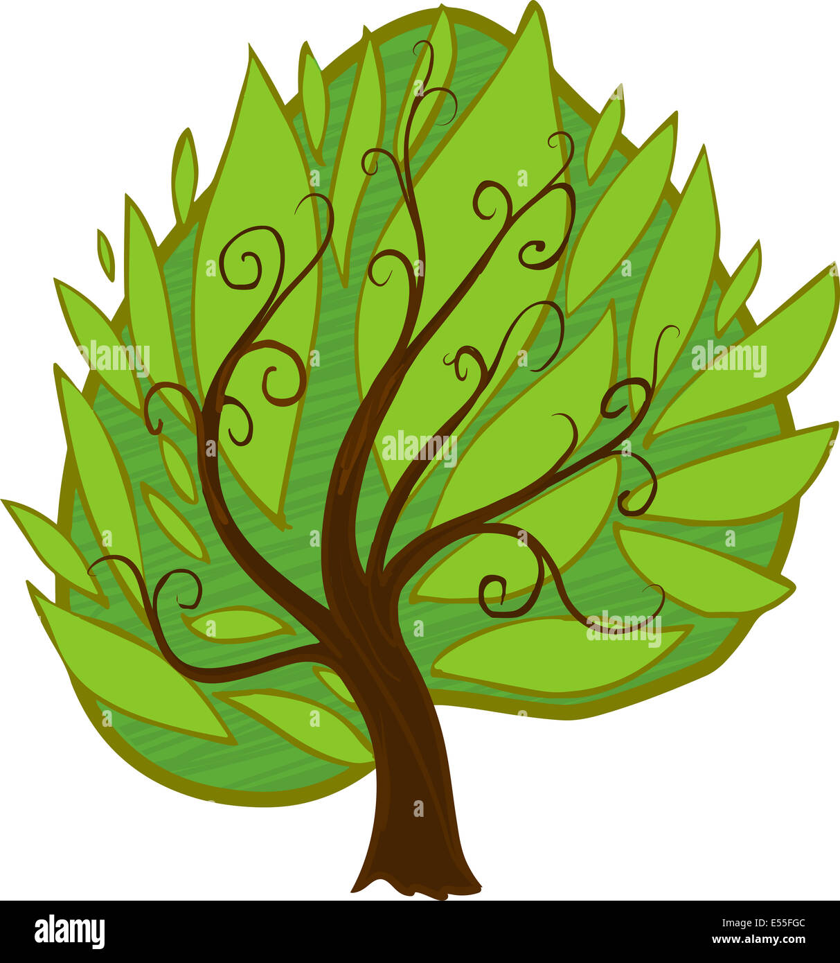 Illustration of a cartoon tree with light and dark leaves, brown trunk ...