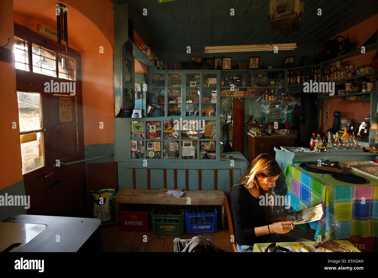 Traditional coffee shop ("Kafeneio") in Kalarrytes village, Tzoumerka ...