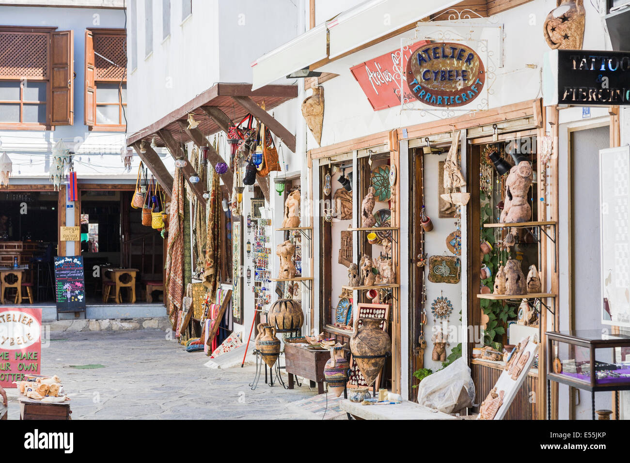 Shops in Kusadasi, Turkey, selling souvenirs displaying local pottery ...