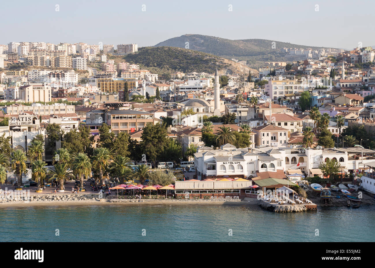 Panoramic view of the town and waterfront with seafront restaurants at ...
