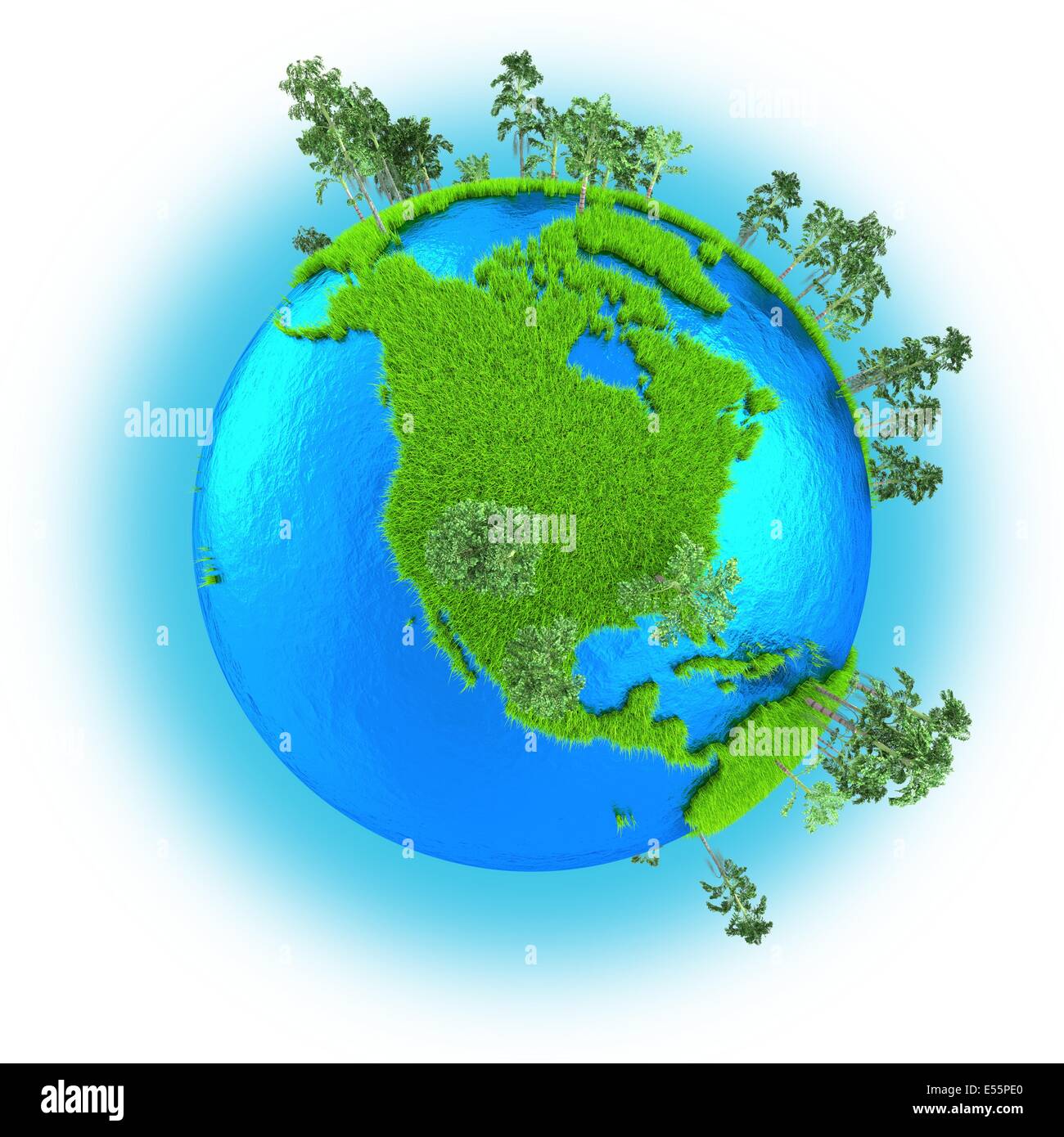 North America on grassy planet Earth with trees isolated on white ...