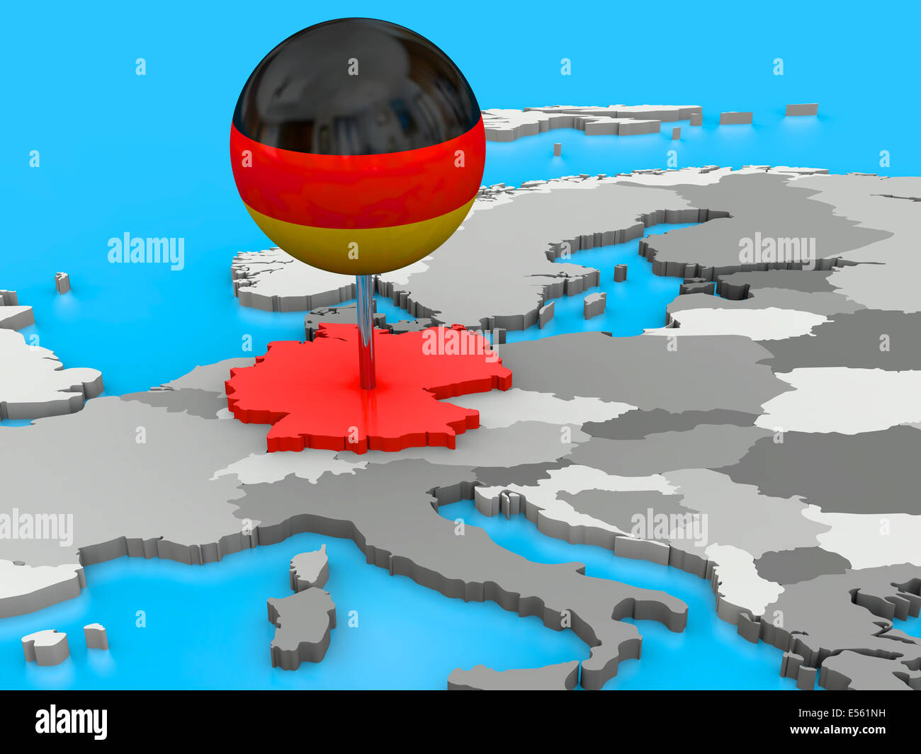 Red Germany pinned to the map of Europe with a big push pin coloured as ...