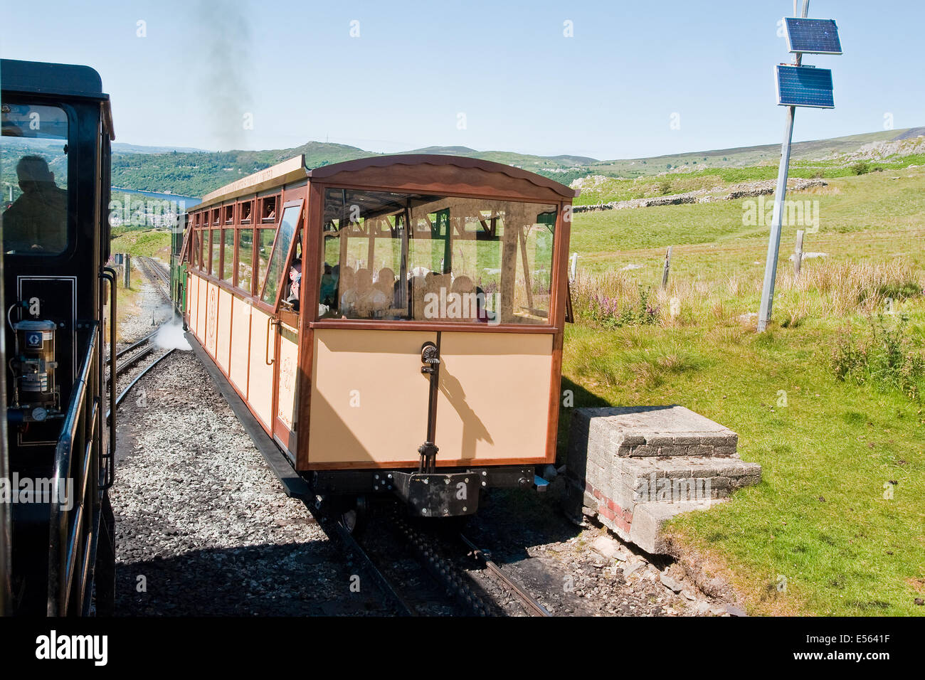 Steam train on way up Snowdon passes another train on its way down ...