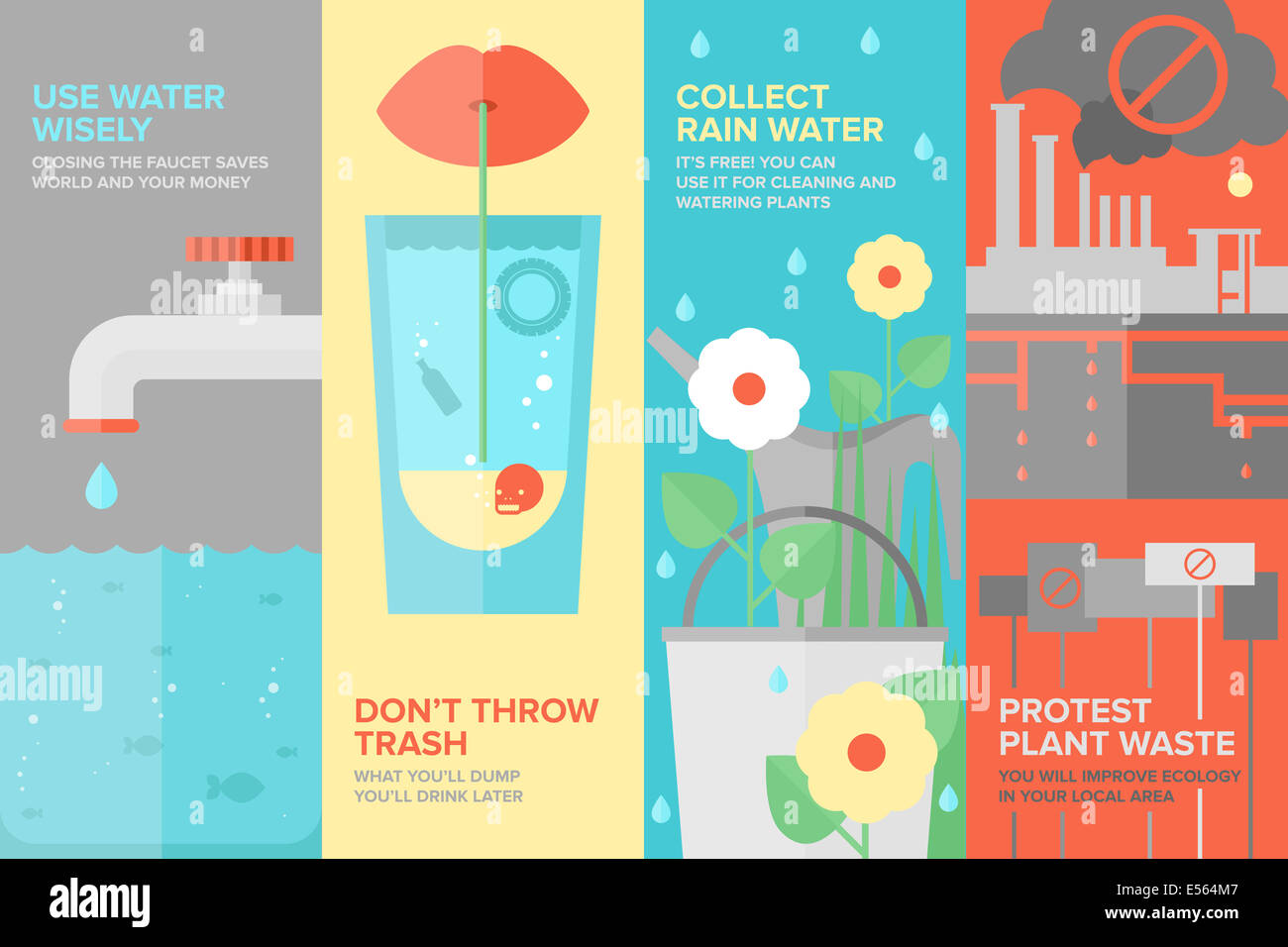 Flat banners of reusing and saving water more efficiently, water ...