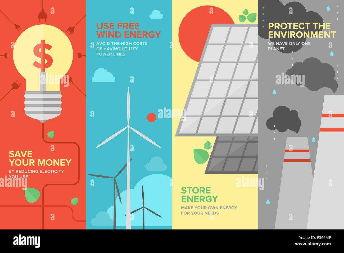 Flat banners of power and energy savings, natural renewable and clean ...