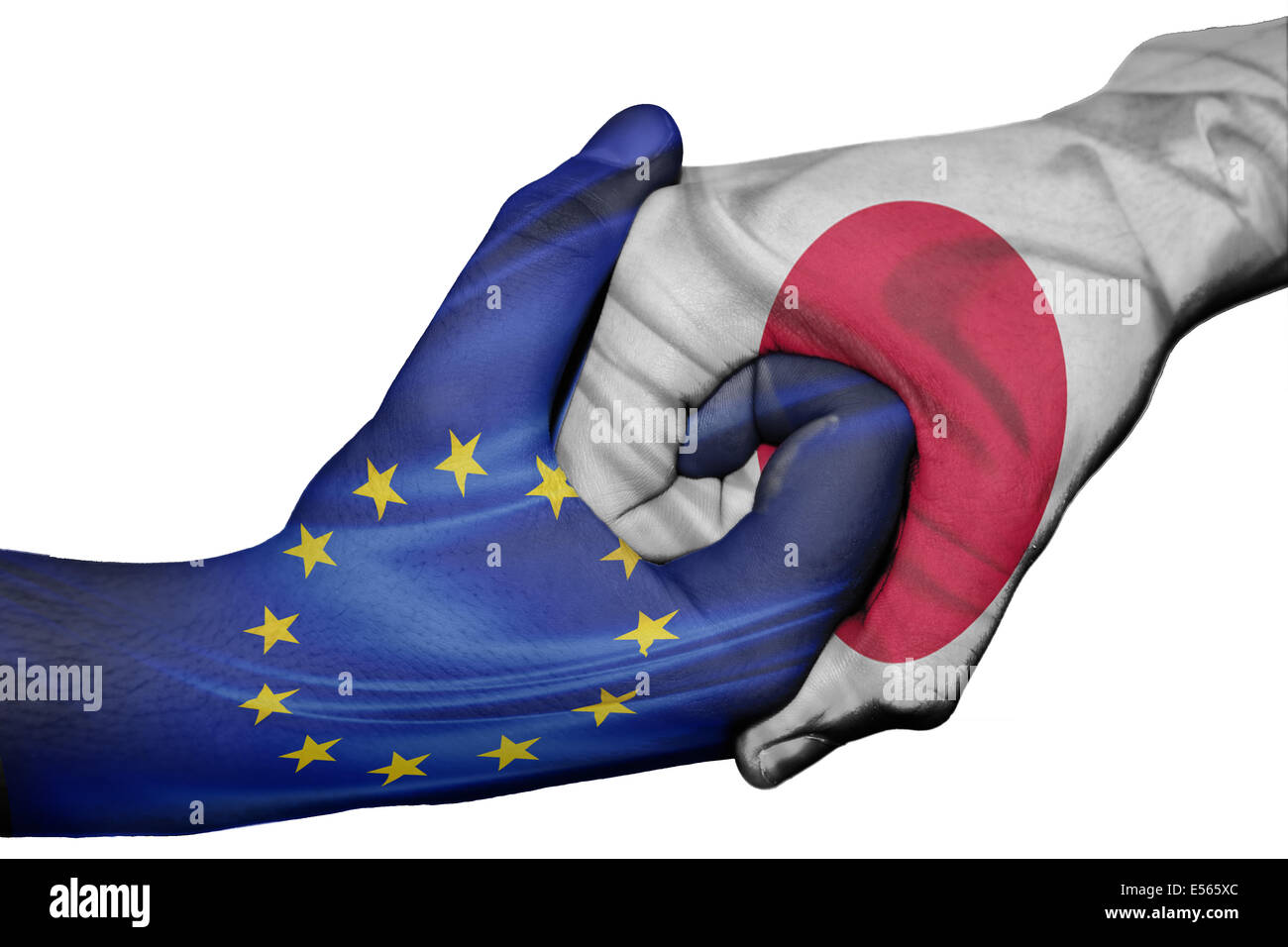 Diplomatic handshake between countries: flags of European Union and ...