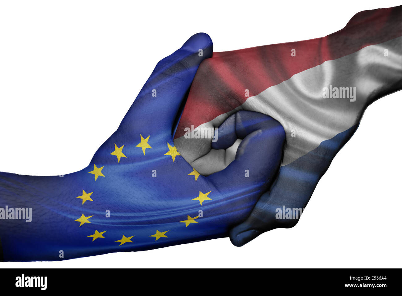 Diplomatic handshake between countries: flags of European Union and ...