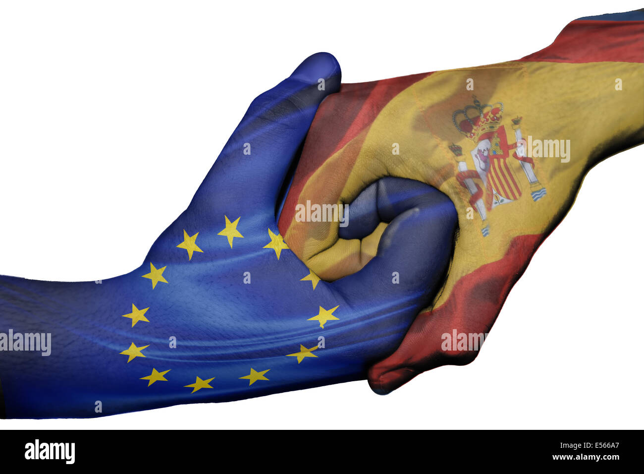 Diplomatic handshake between countries: flags of European Union and ...