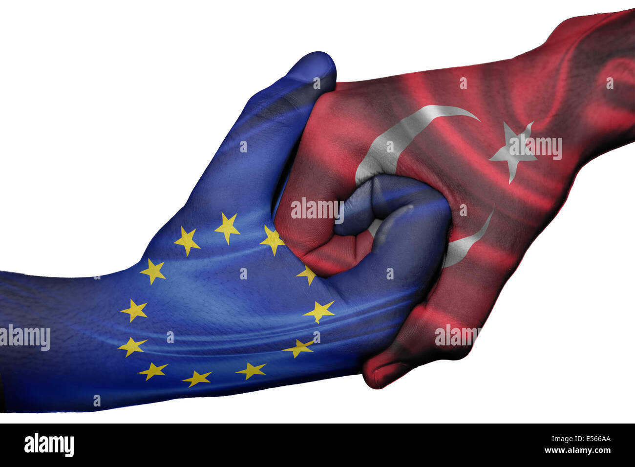 Diplomatic handshake between countries: flags of European Union and ...