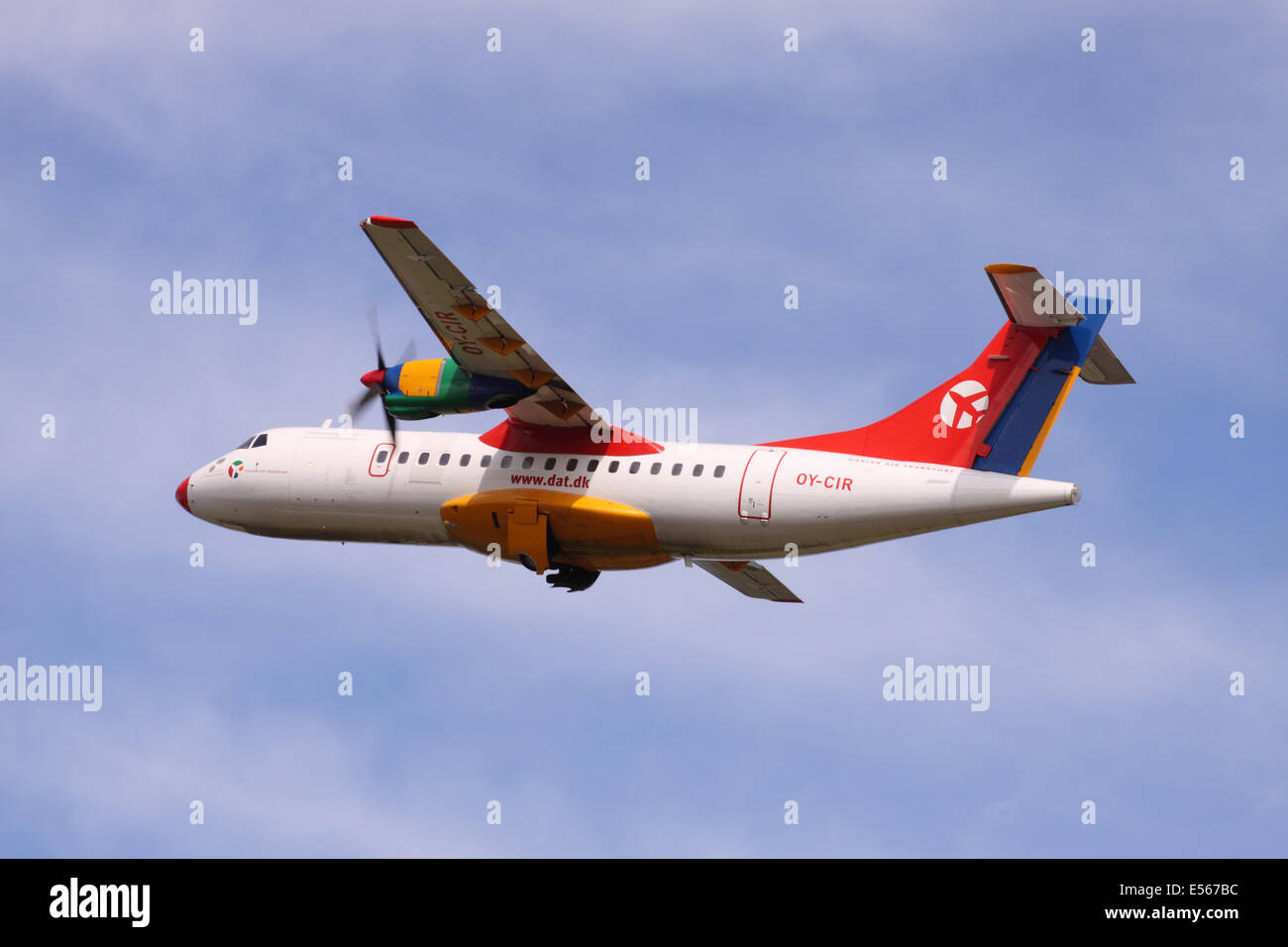 Danish Air Transport DAT ATR 42 turboprop airliner taking off summer ...