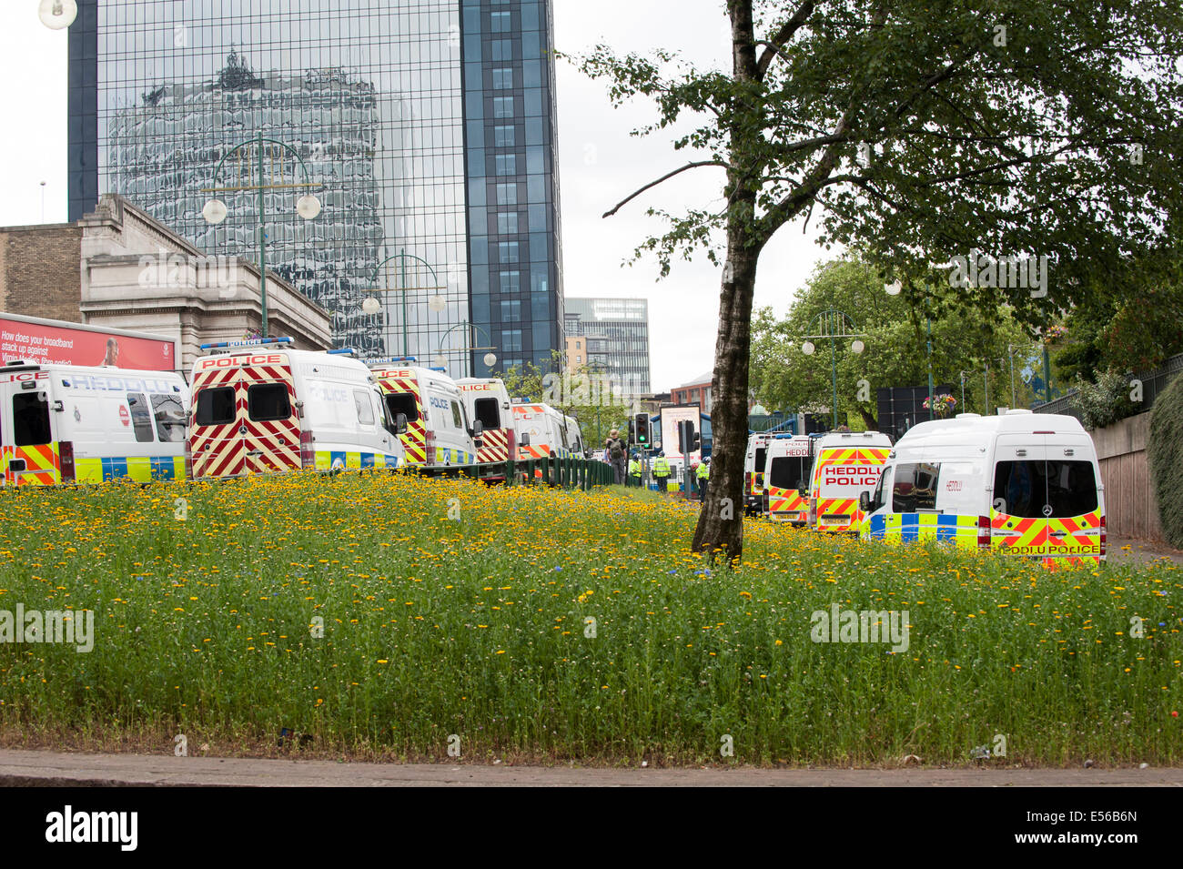 Police vehicles create a blockade in Broad Street Birmingham Stock ...