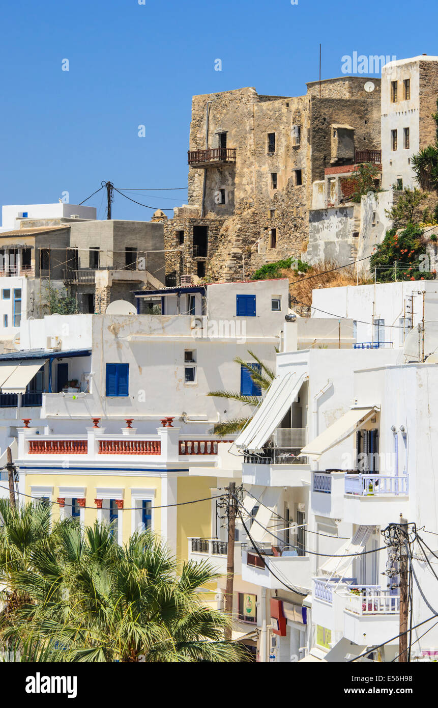 Building facades of old Naxos Town waterfront, Naxos Island, Greece ...