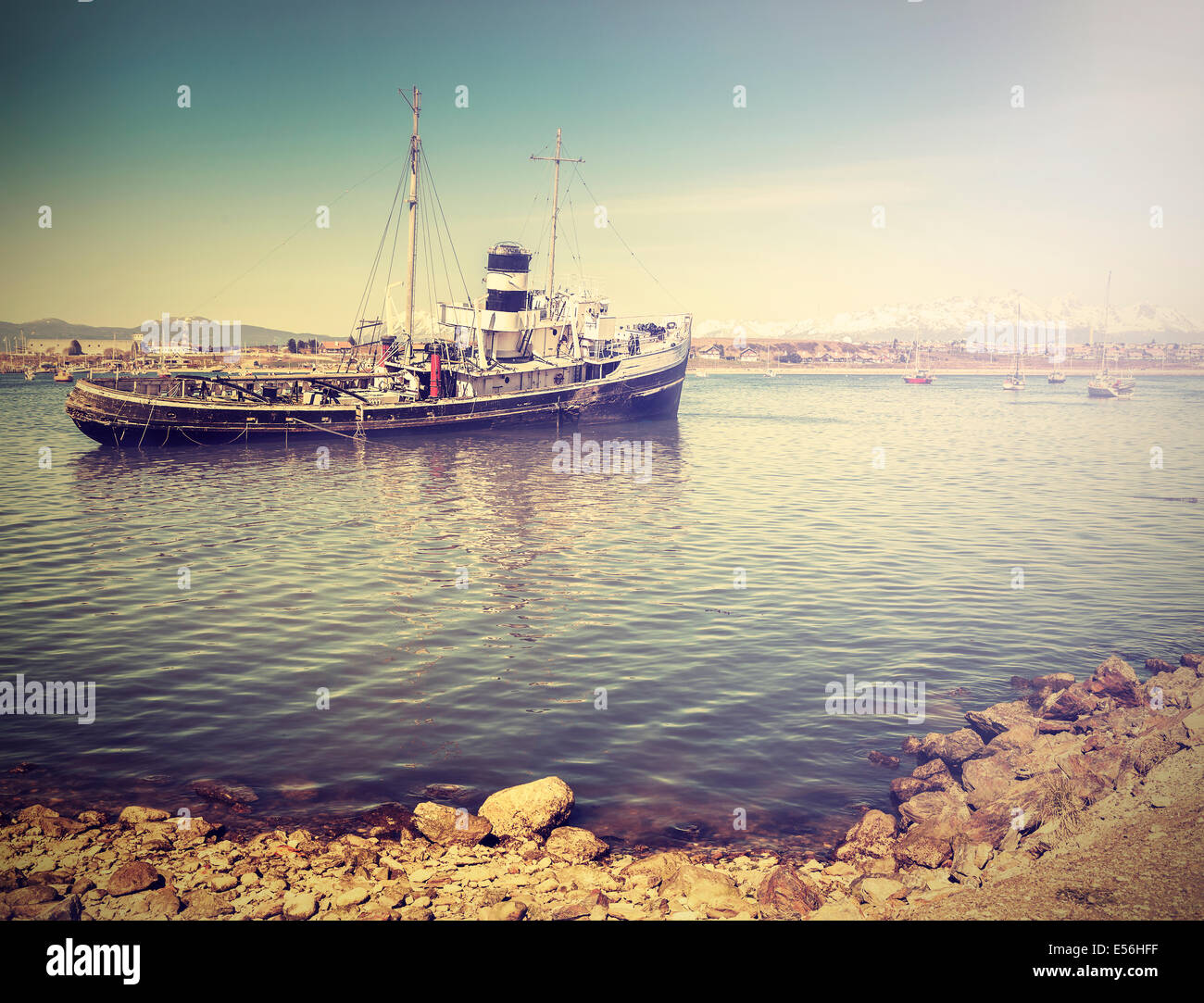 Vintage photo of old ship wreck in harbour Stock Photo - Alamy