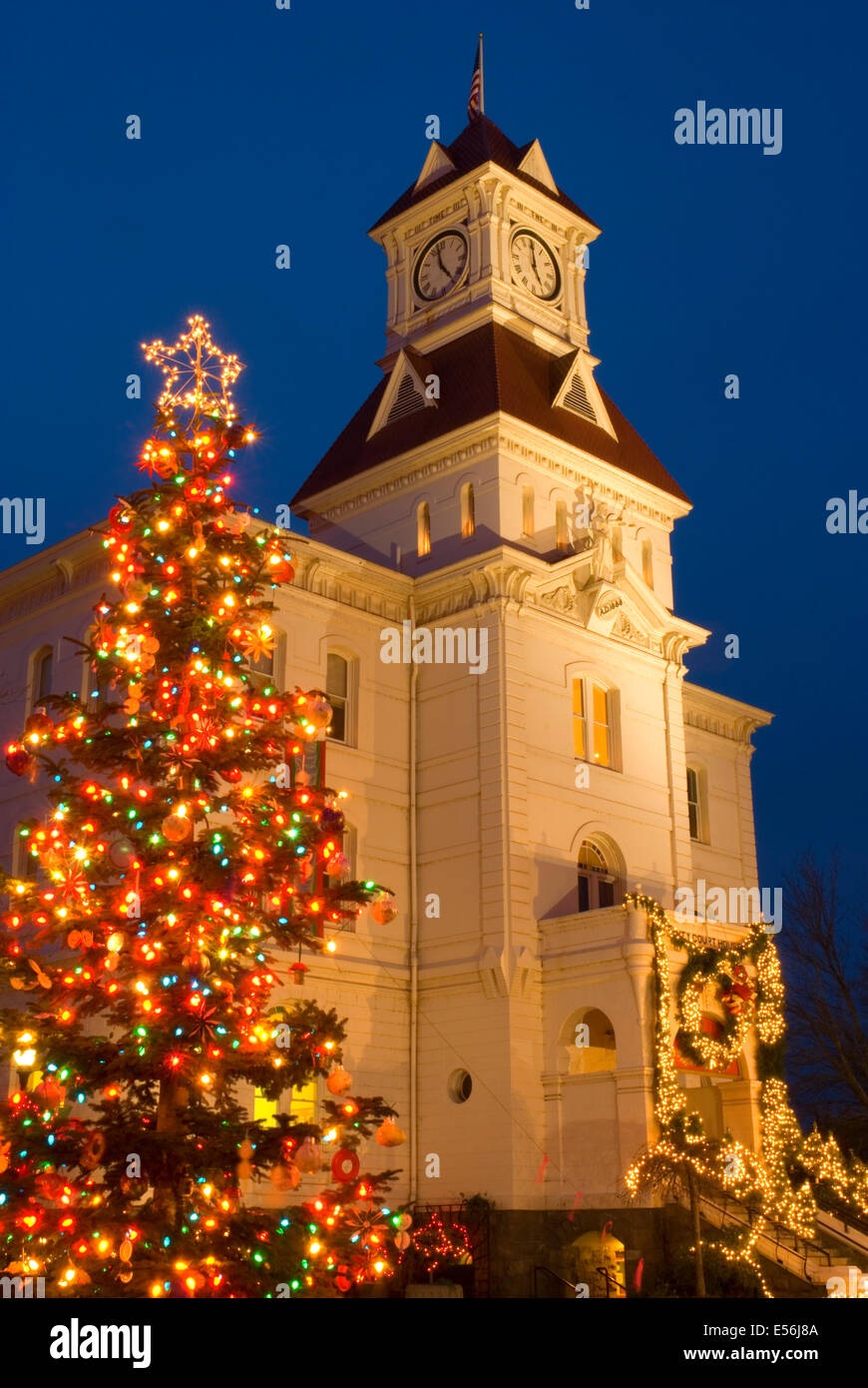 Benton County Courthouse with Christmas lights, Corvallis, Oregon Stock ...