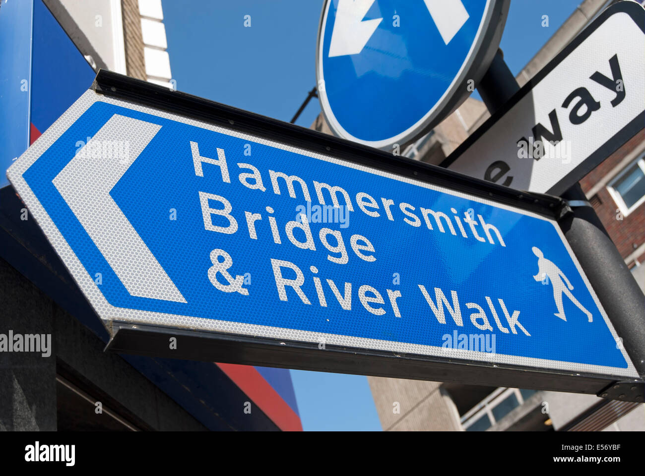 direction sign for hammersmith bridge and river walk, hammersmith, west ...