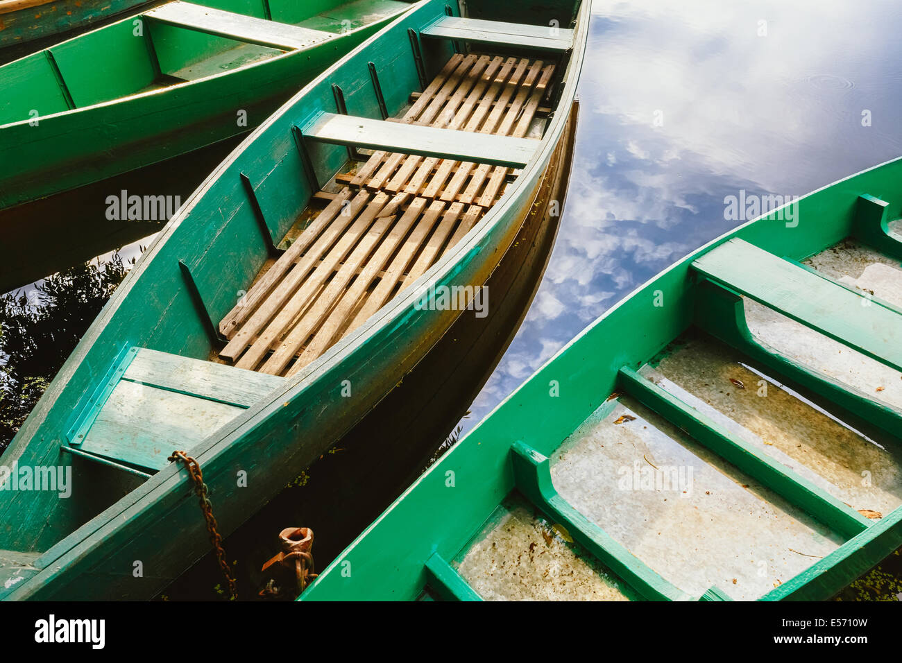Autumn River And Old Green Rowing Boats. Russian Landscape, Nature ...