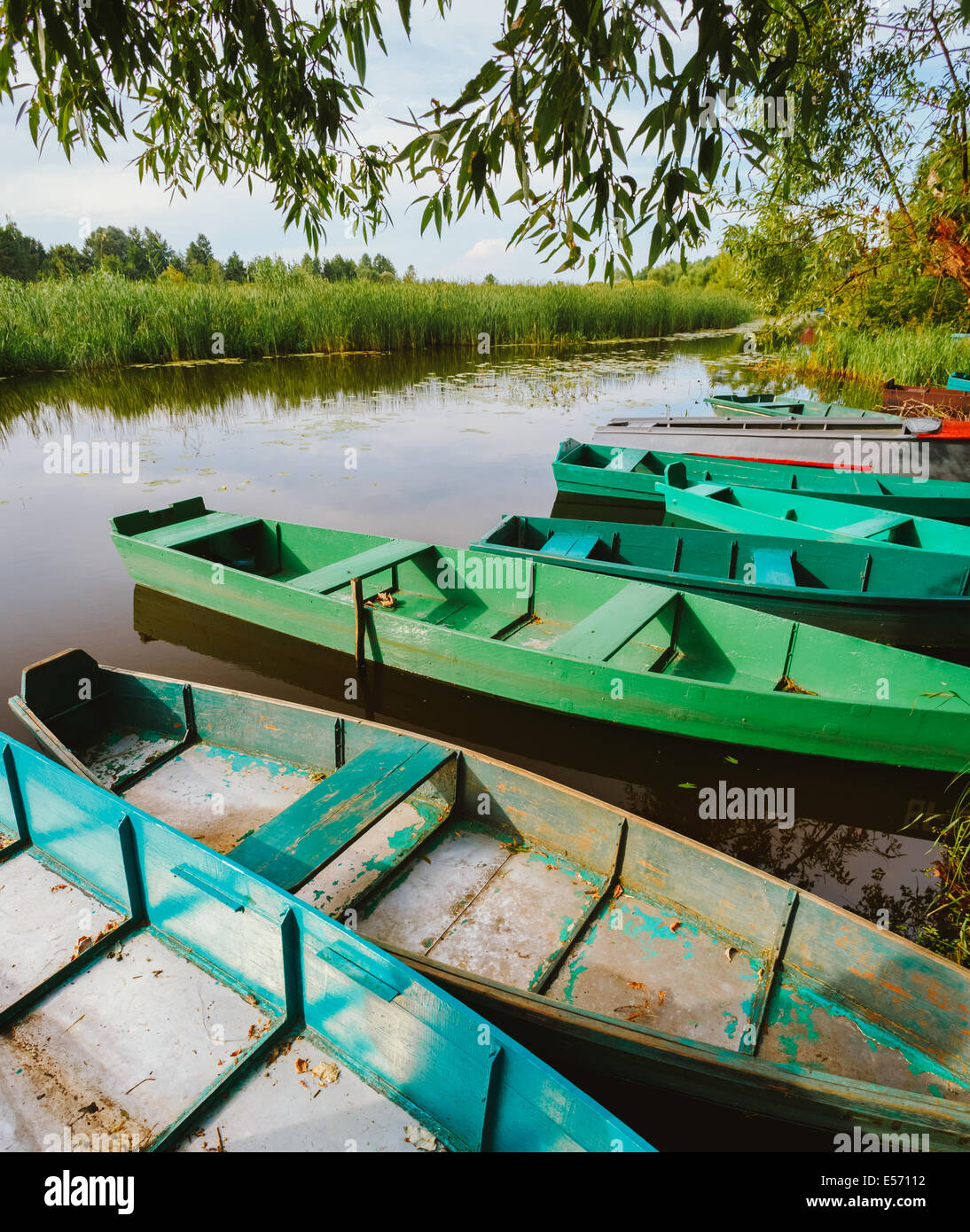 Autumn River And Old Green Rowing Boats. Russian Landscape, Nature ...
