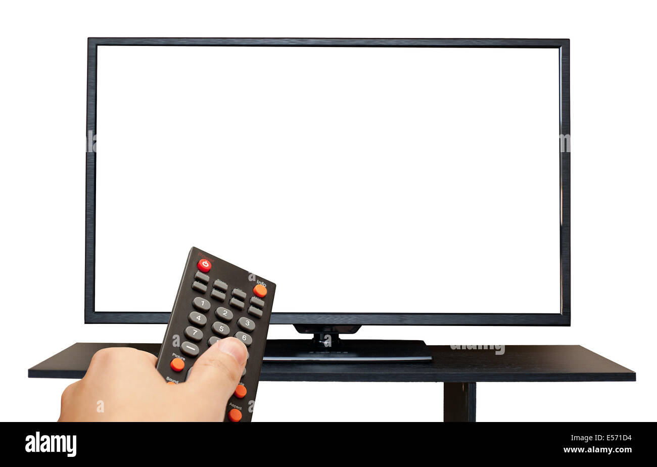 Hand holding TV remote control isolated on white Stock Photo - Alamy