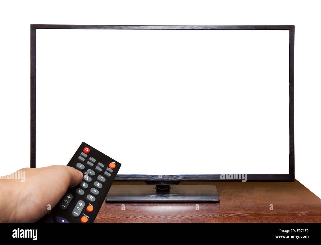 Hand holding TV remote control isolated on white Stock Photo - Alamy