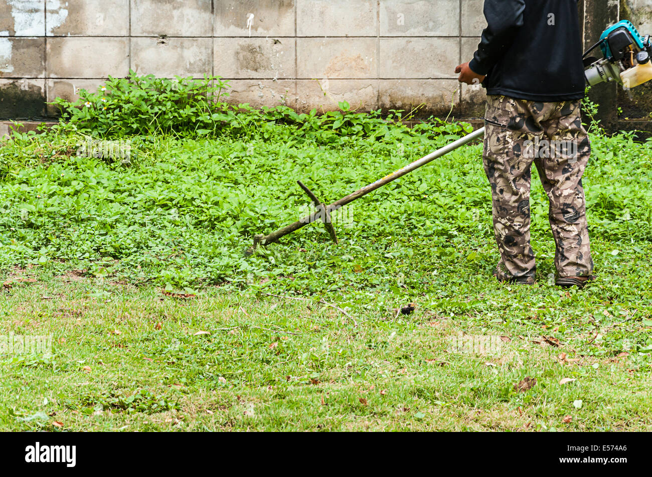 Worker mowing weed near the wall with mowing machine Stock Photo - Alamy