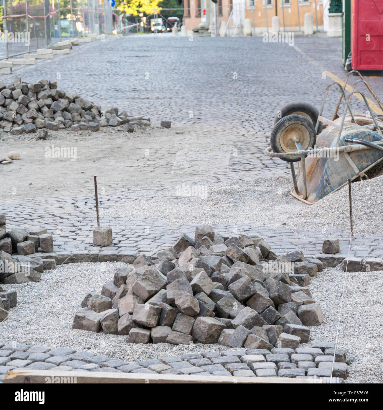 Renovation of an old street made of cubic stones Stock Photo - Alamy