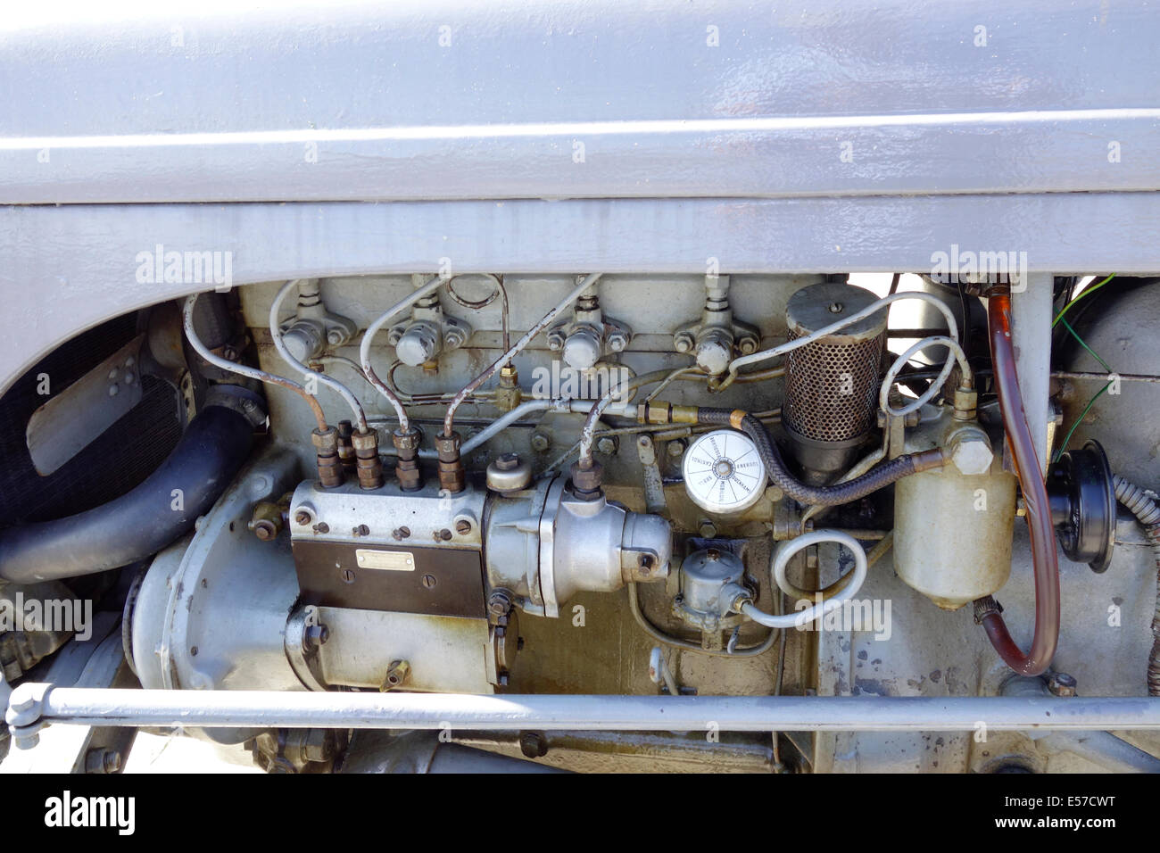 Close up of a refurbished vintage fisherman's tractor engine at Redcar ...