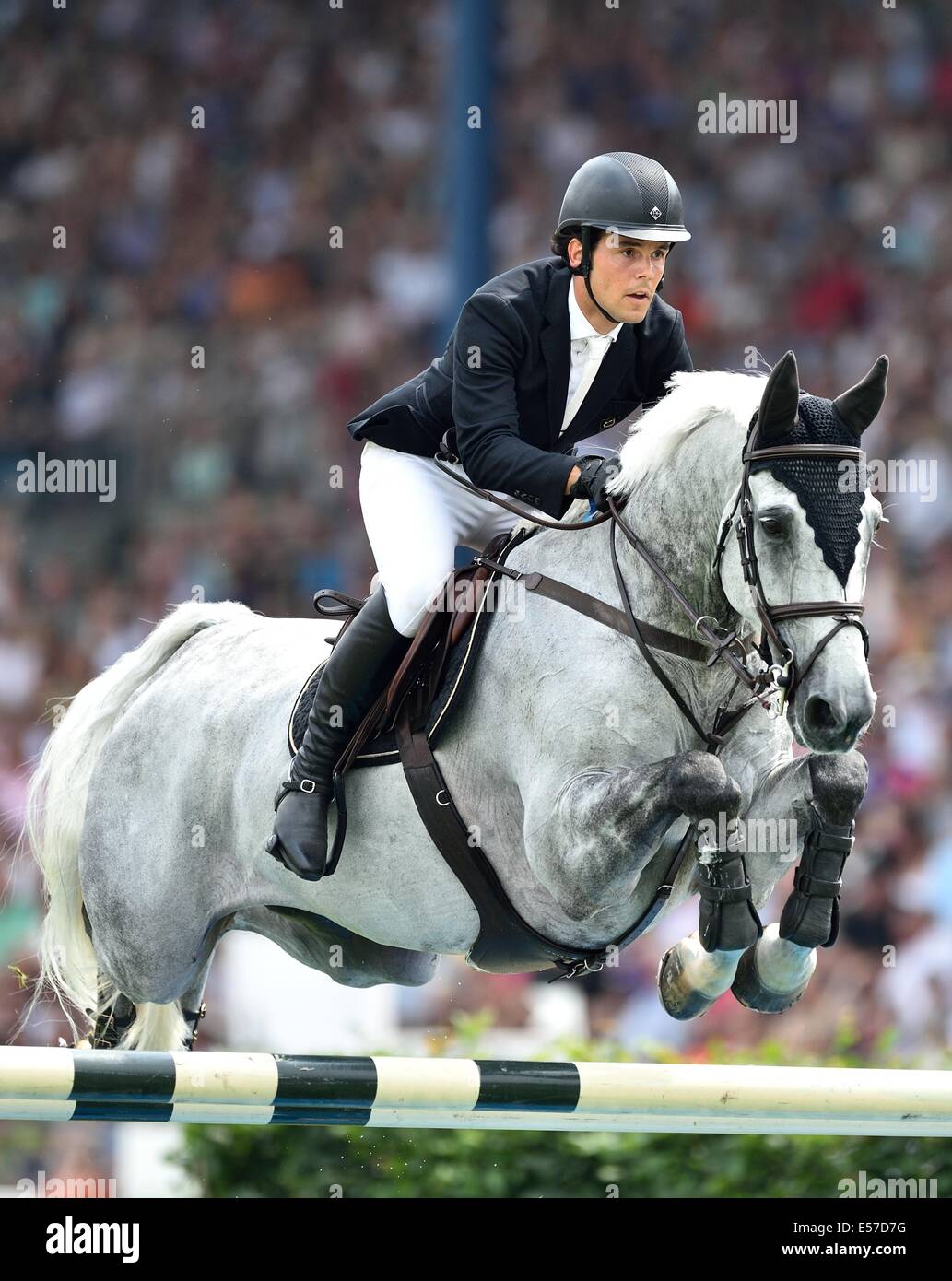 Spanish show jumper Sergio Alvarez Moya in action on her horse Carlo ...