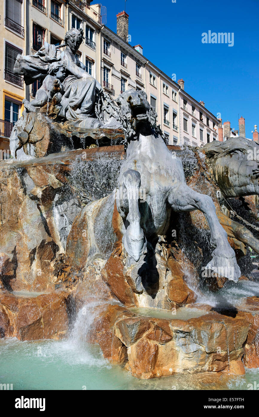 The Bartholdi Fountain on background at the Place des Terreaux in Lyon ...
