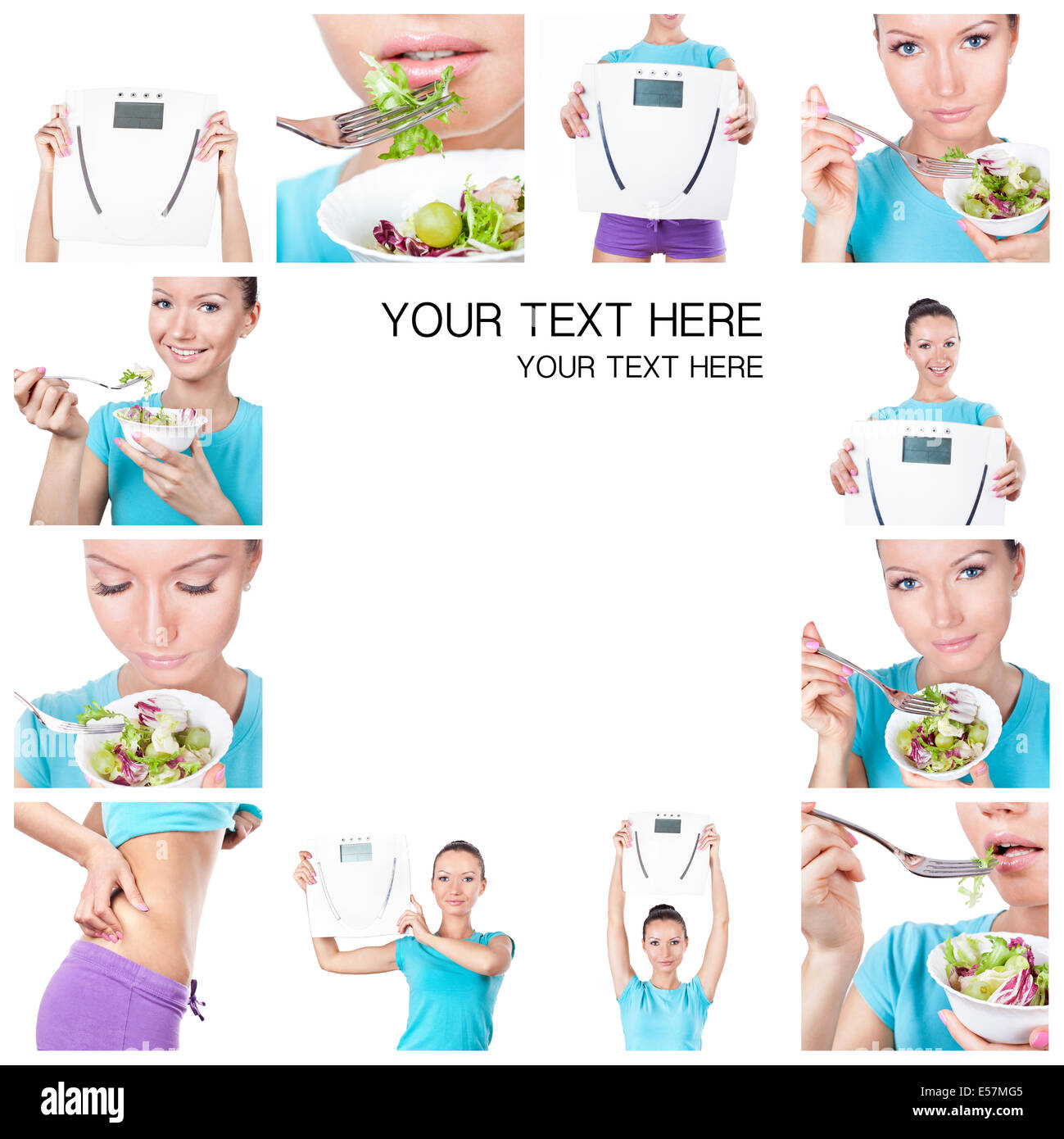 Diet and sport collage. Woman with scales and salad on white Stock ...