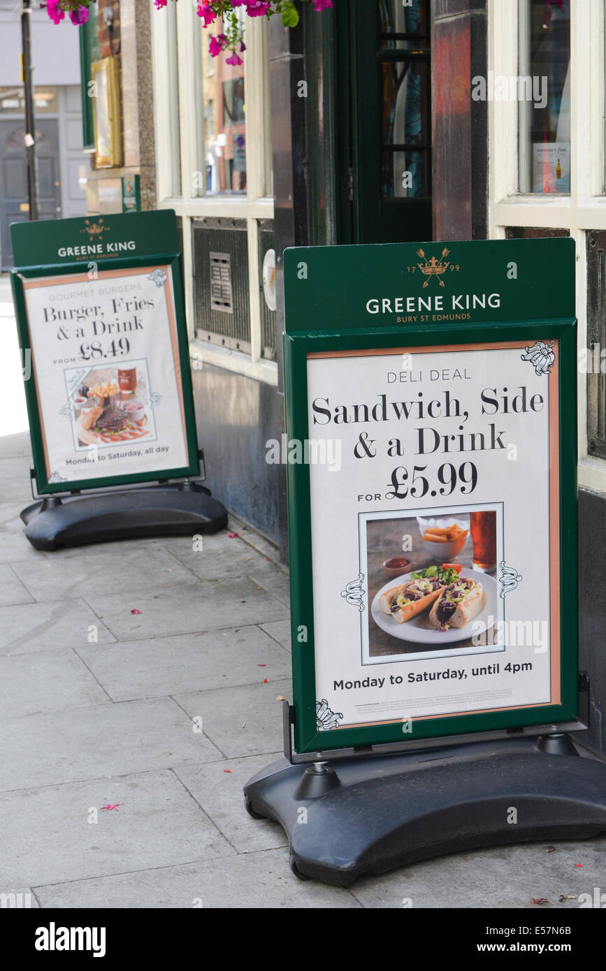 Greene King pub lunch signs outside pub sandwich side drink £5.99 Stock ...