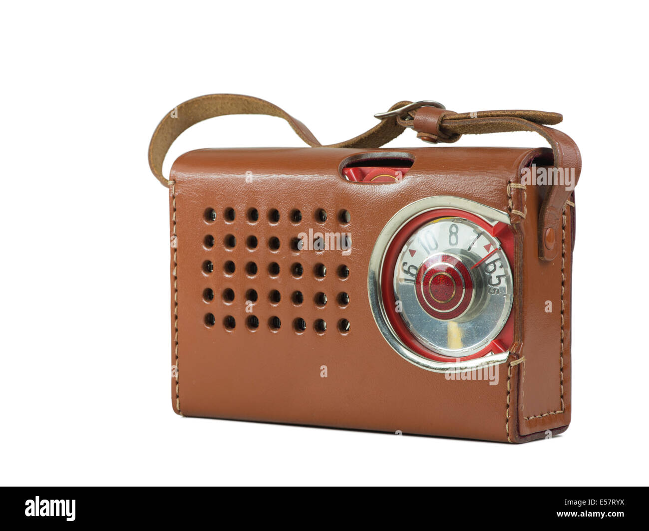 Antique plastic transistor radio in leather case, isolated over white ...