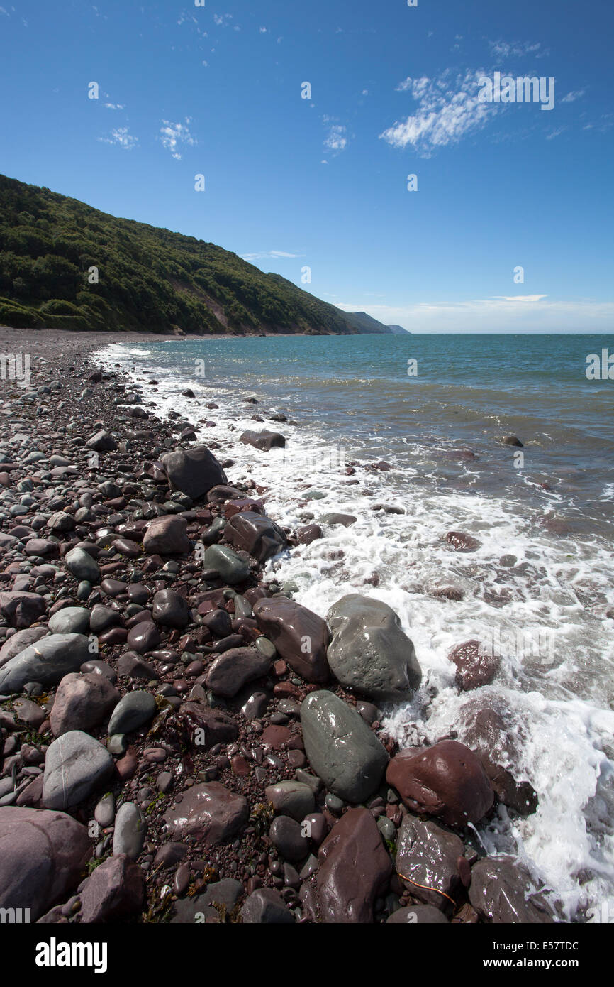 Pebble beach at Porlock Weir in Somerset looking west along the south ...