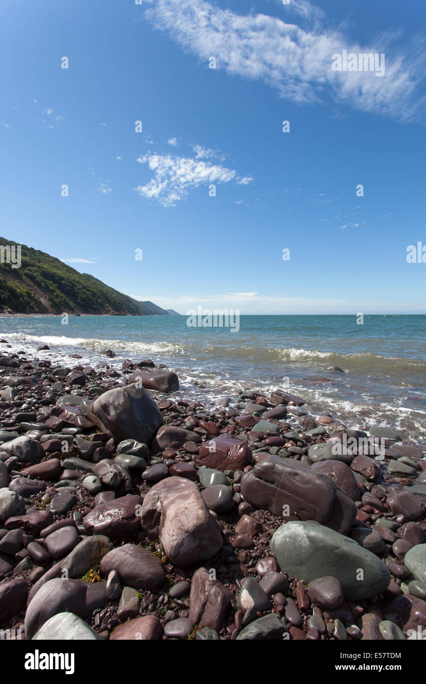 Pebble beach at Porlock Weir in Somerset looking west along the south ...