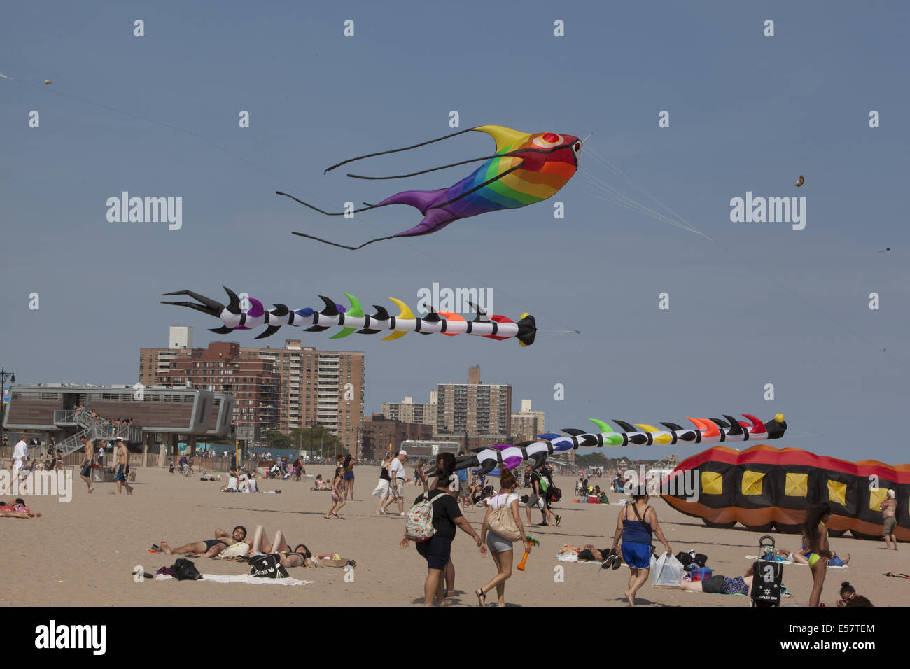 Large colorful kites in the air on the beach at Coney Island, Brooklyn ...