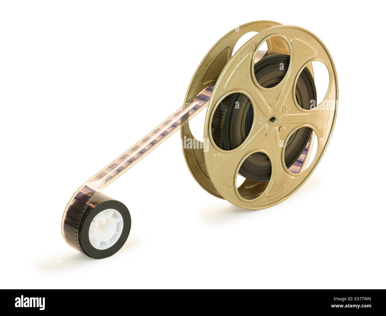 A 35mm film in a metallic golden reel, isolated over white background ...