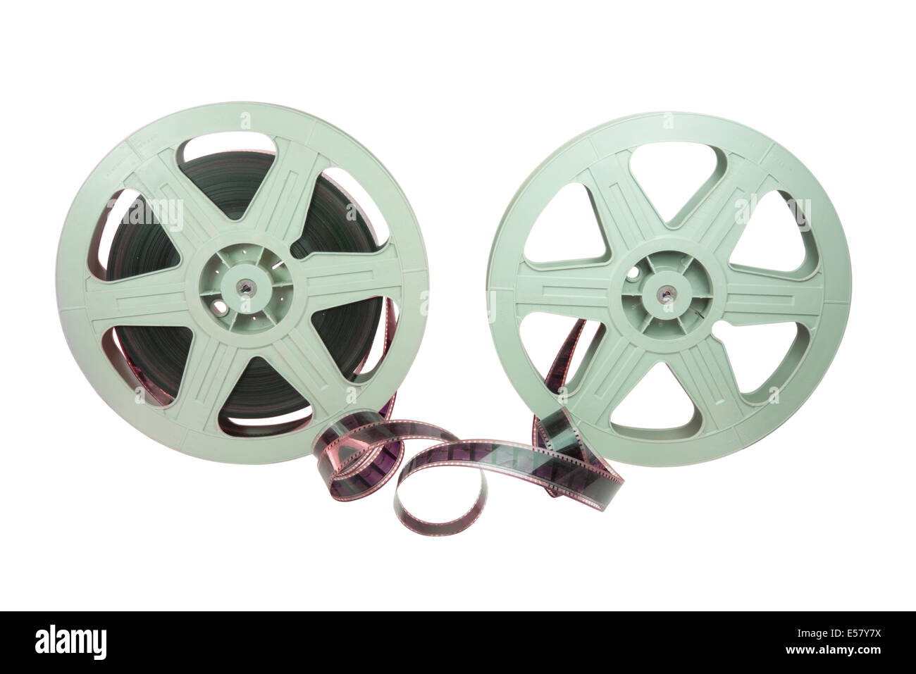 A 35mm film in two plastic reels, isolated over white background, with ...
