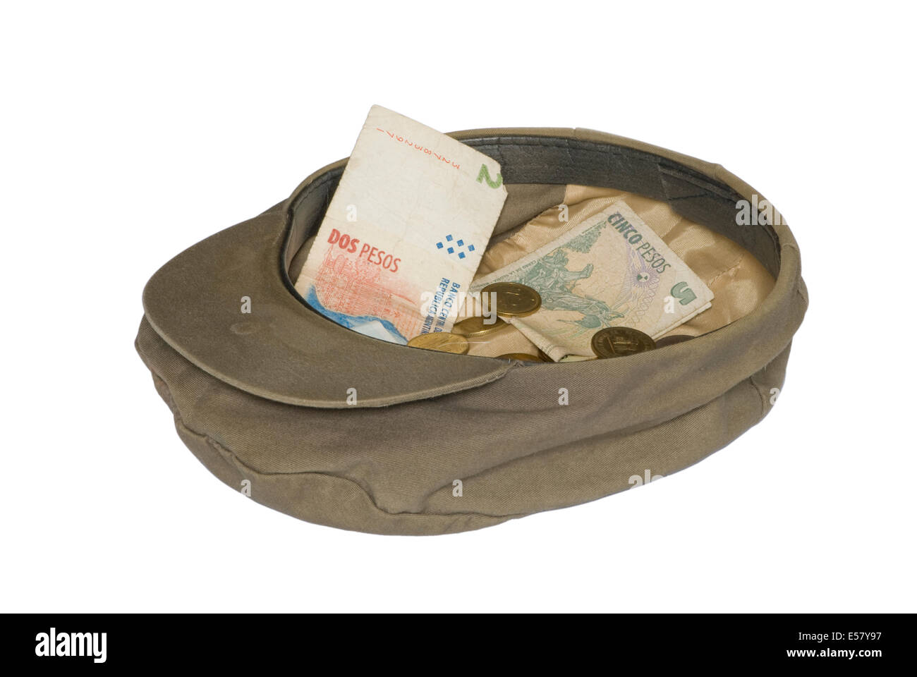 A hat upside down with money inside, both bills and coins (Argentina's ...