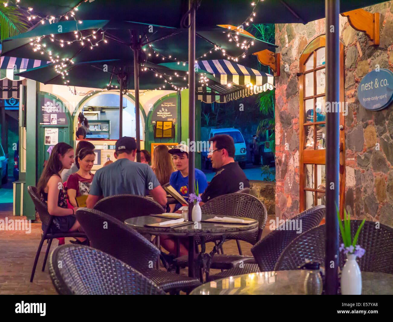People at outdoor Sun Dog Cafe in Mongoose Junction in Cruz Bay on the ...