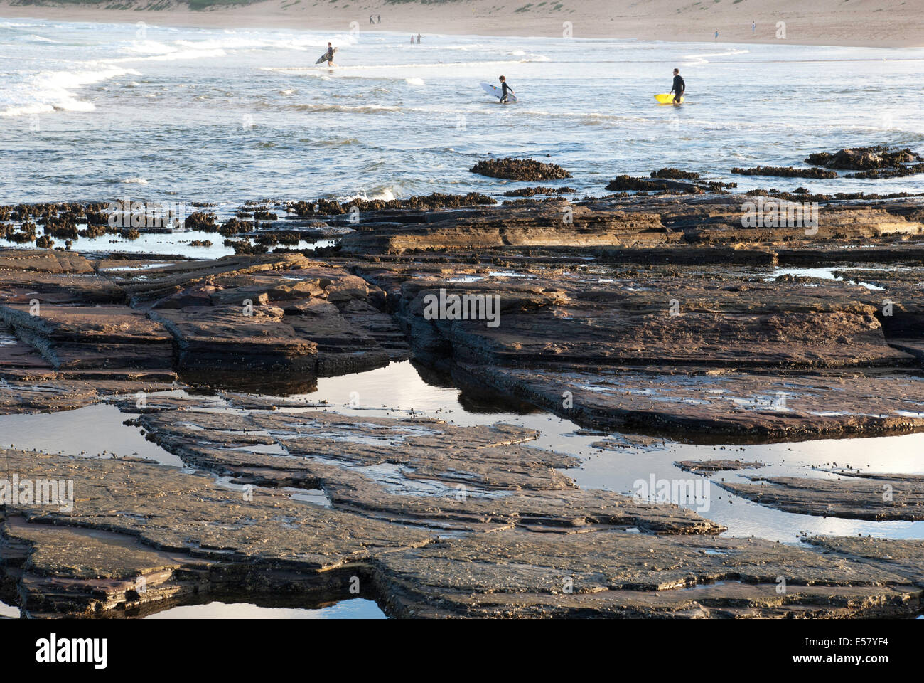 Surfers at North Narrabeen beach, NSW, Australia with rocks in ...