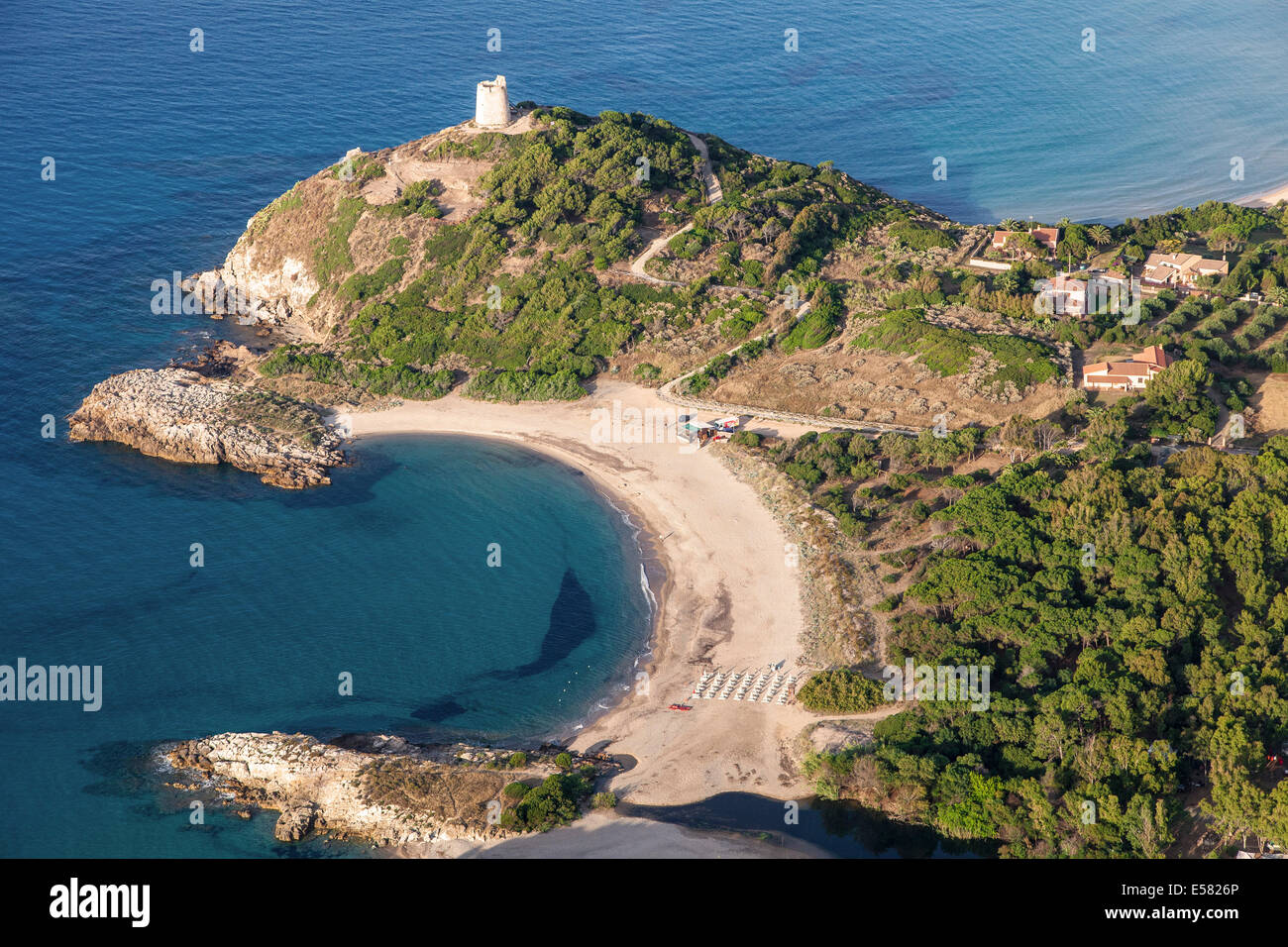 Aerial view, from Torre di Chia, south coast, Sardinia, Italy Stock ...