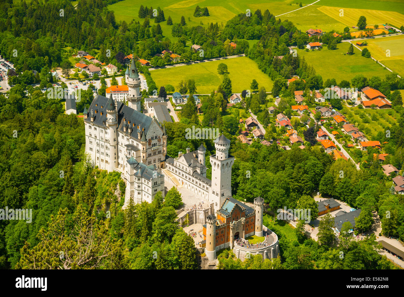 Neuschwanstein Castle, aerial view, Schwangau, Ostallgäu, Allgäu ...