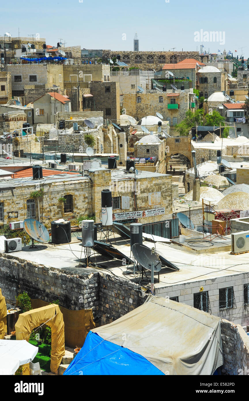 A view of the Muslim quarter from atop the old city wall in Jerusalem ...