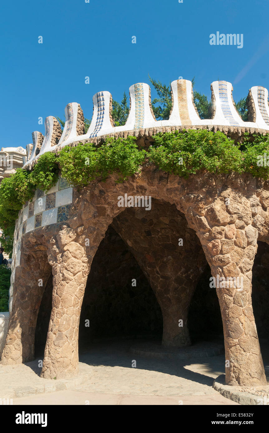 scenic rock pillars with mosaic top in famous Park Guell in Barcelona ...