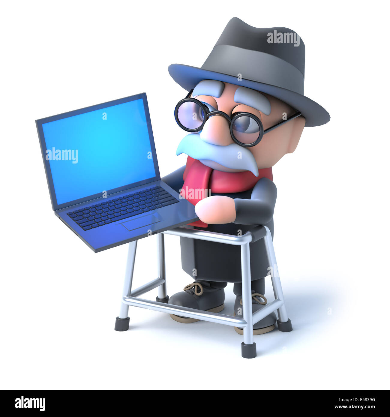3d render of an old man with a walking frame working on his laptop pc ...