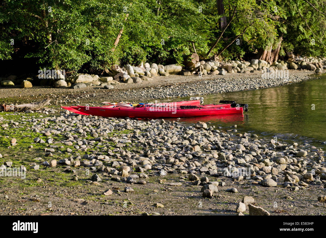 Two red kayaks sitting on the rocky shore by the water and forest of ...